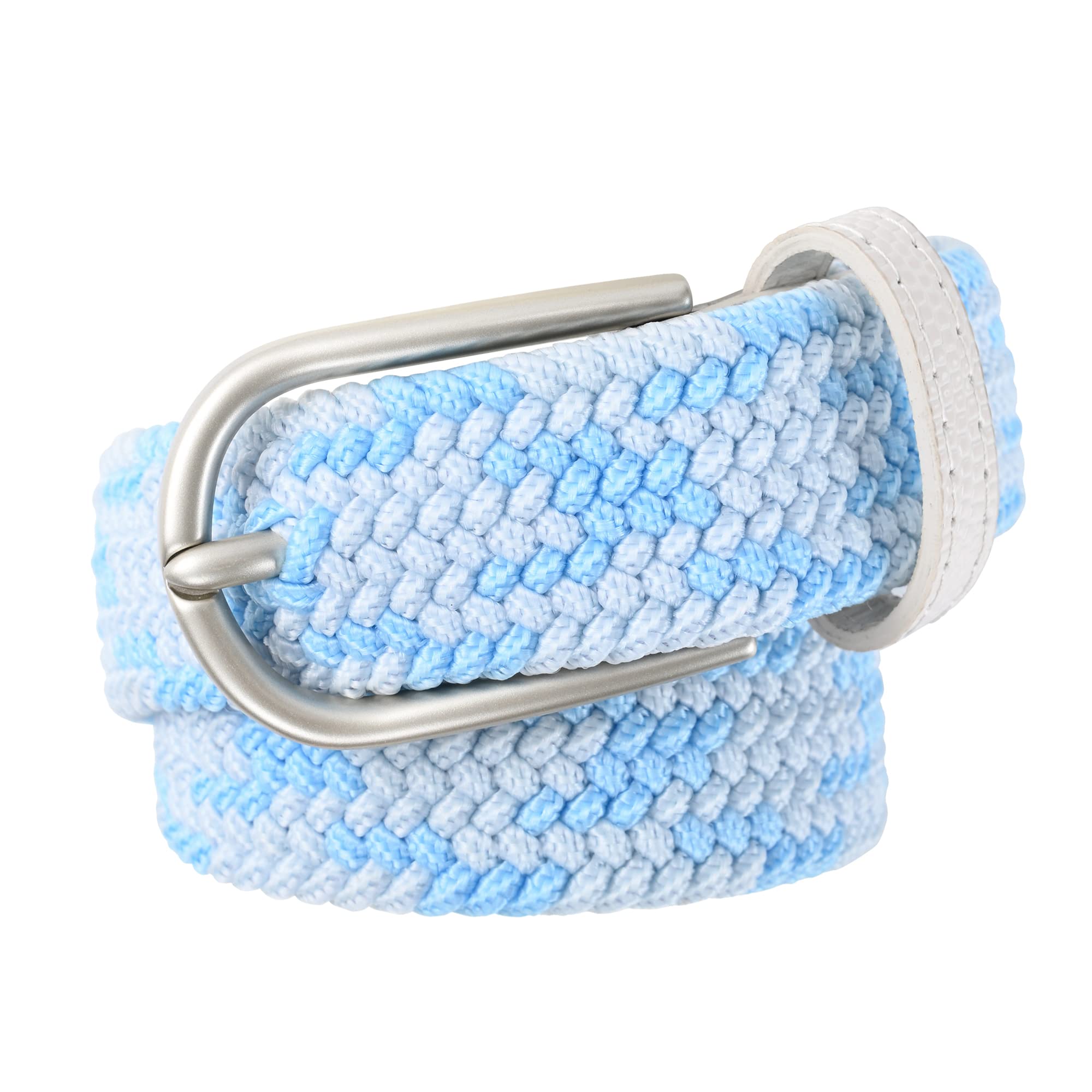 univo colors Multicolor Braided Golf Belt Elastic Stretch Oval Satin Nickel Pin Buckle Leather Loop End Tip(Blue White XXS)