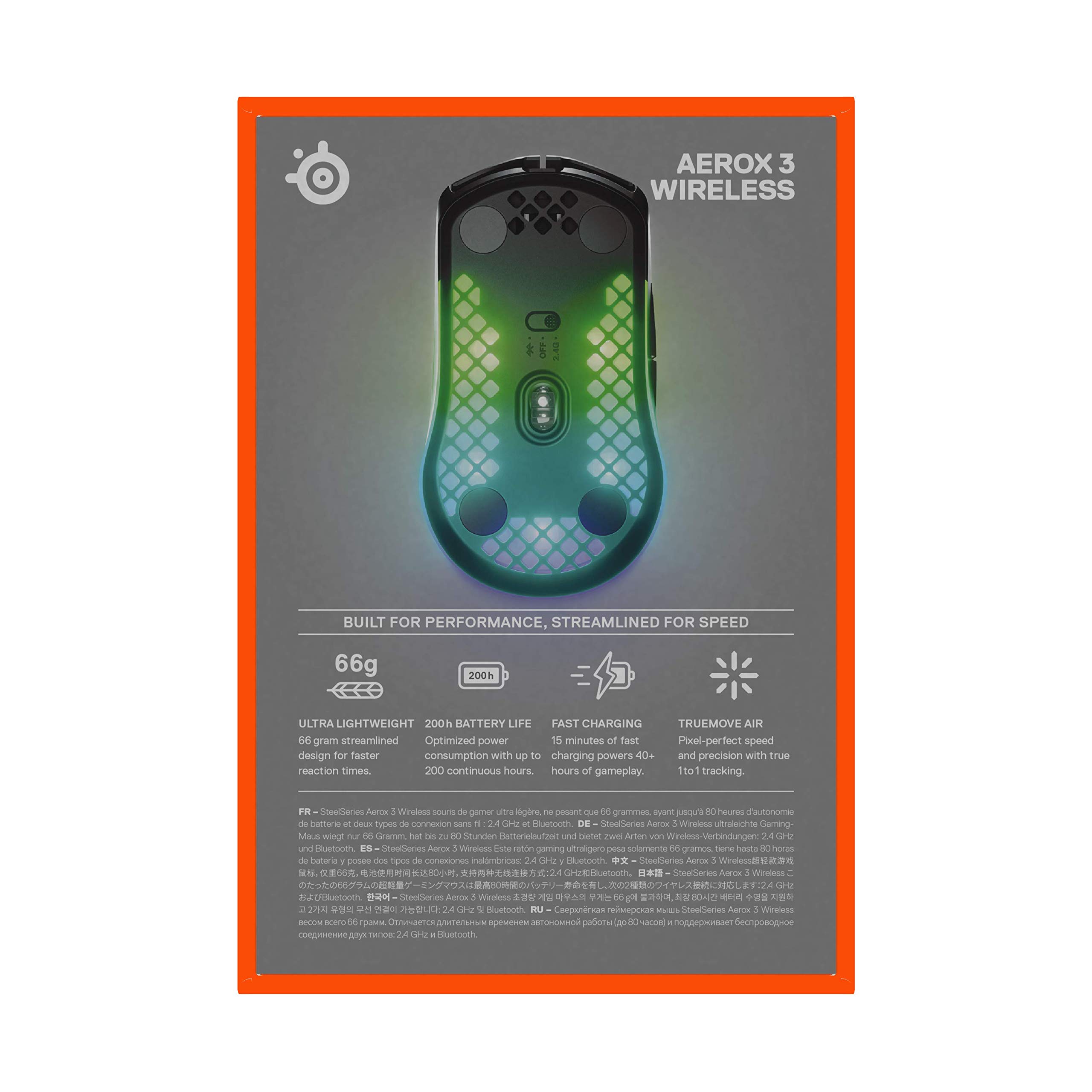 SteelSeries Aerox 3 Wireless Gaming Mouse, 18,000 CPI TrueMove Air Optical Sensor, Ultra-Lightweight Water Resistant Design, 200 Hour Battery Life, Certified Refurbished