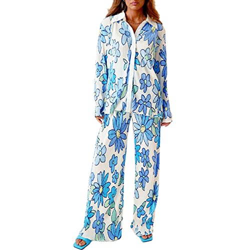 Women 2 Piece Pleated Pants Set Boho Floral Print Long Sleeve Button Down Shirt Summer Cute Linen Pants Outfits (Blue, M)