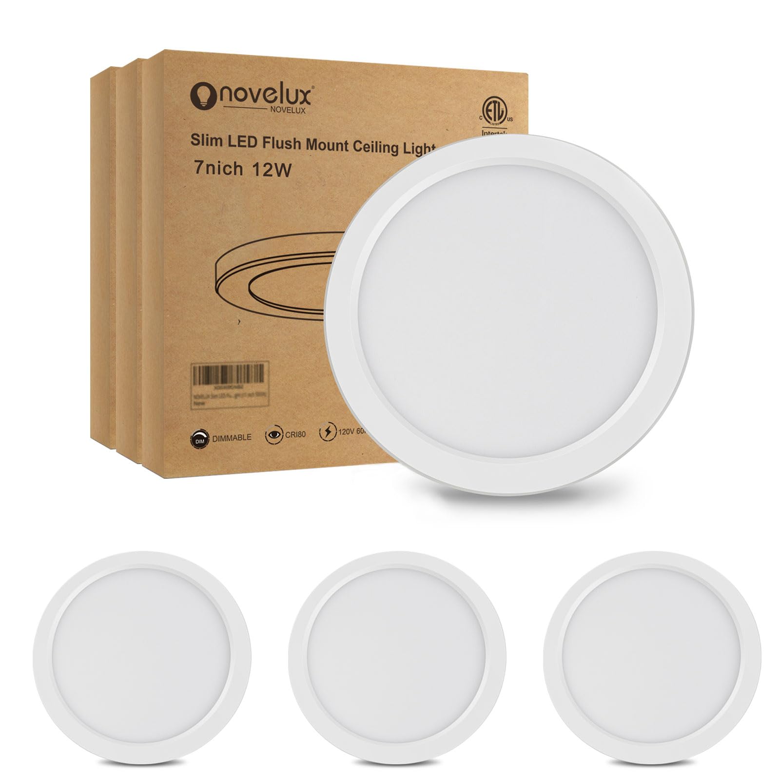 NOVELUX 7 inch Flush Mount LED Ceiling Light Fixtures Dimmable, Ultra Slim Round Led Ceiling Light Indoor & Outdoor for Kitchen, Bathroom, Hallway, Bedroom, Toilet, Basement White 3 Pack
