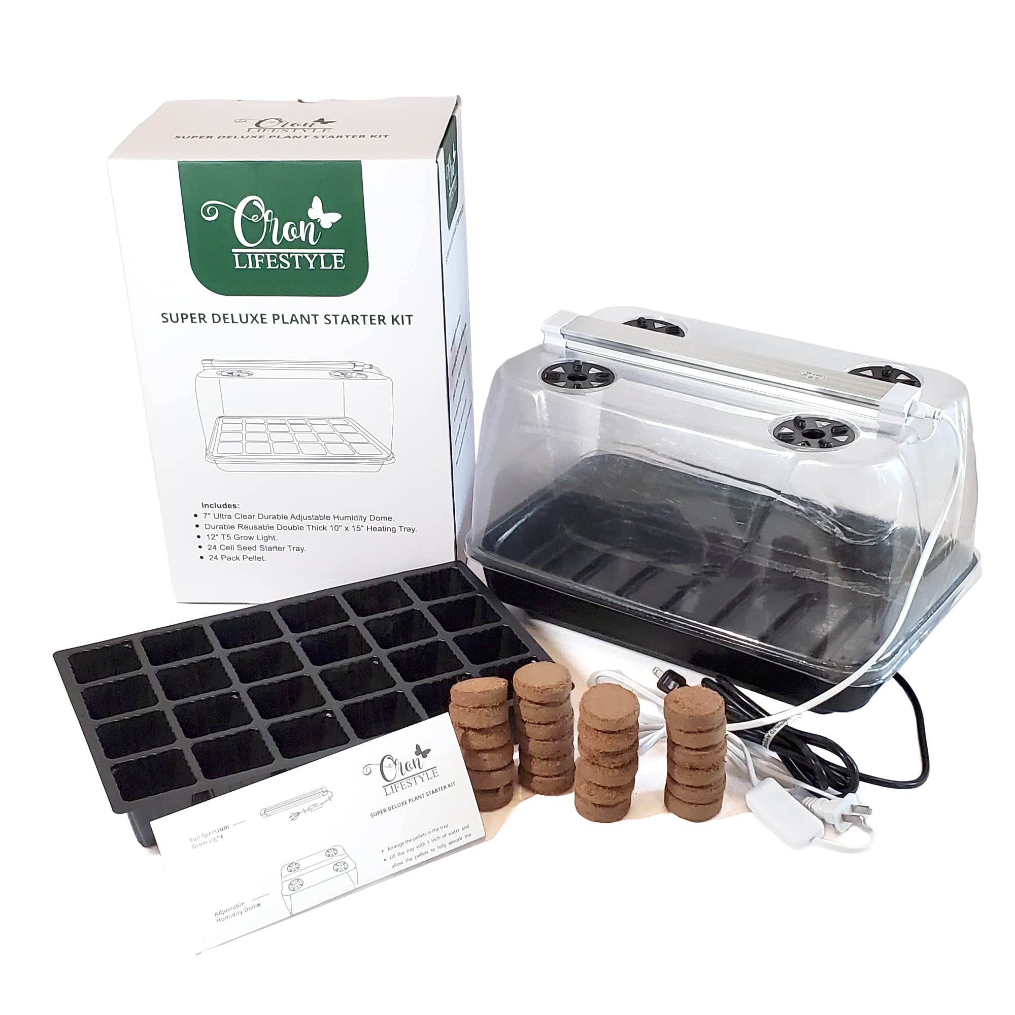 Seed Starter Tray Kit, Oron Lifestyle Germination Starter Kit for Starting Seeds or Cuttings, (Heat Tray, T8 Grow Light, Peat Pellets, 24 cell Starter Tray, Adjustable Clear Humidity Dome and More)