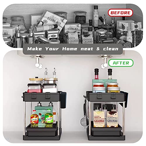 XIBALAGA Under Sink Organizer,2 Tier Under Sink Organizers And Storage For Kitchen Bathroom,Under Sink Cabinet Organizer,Multi-purpose Stable And Sturdy Countertop Organizer (black one sliding)