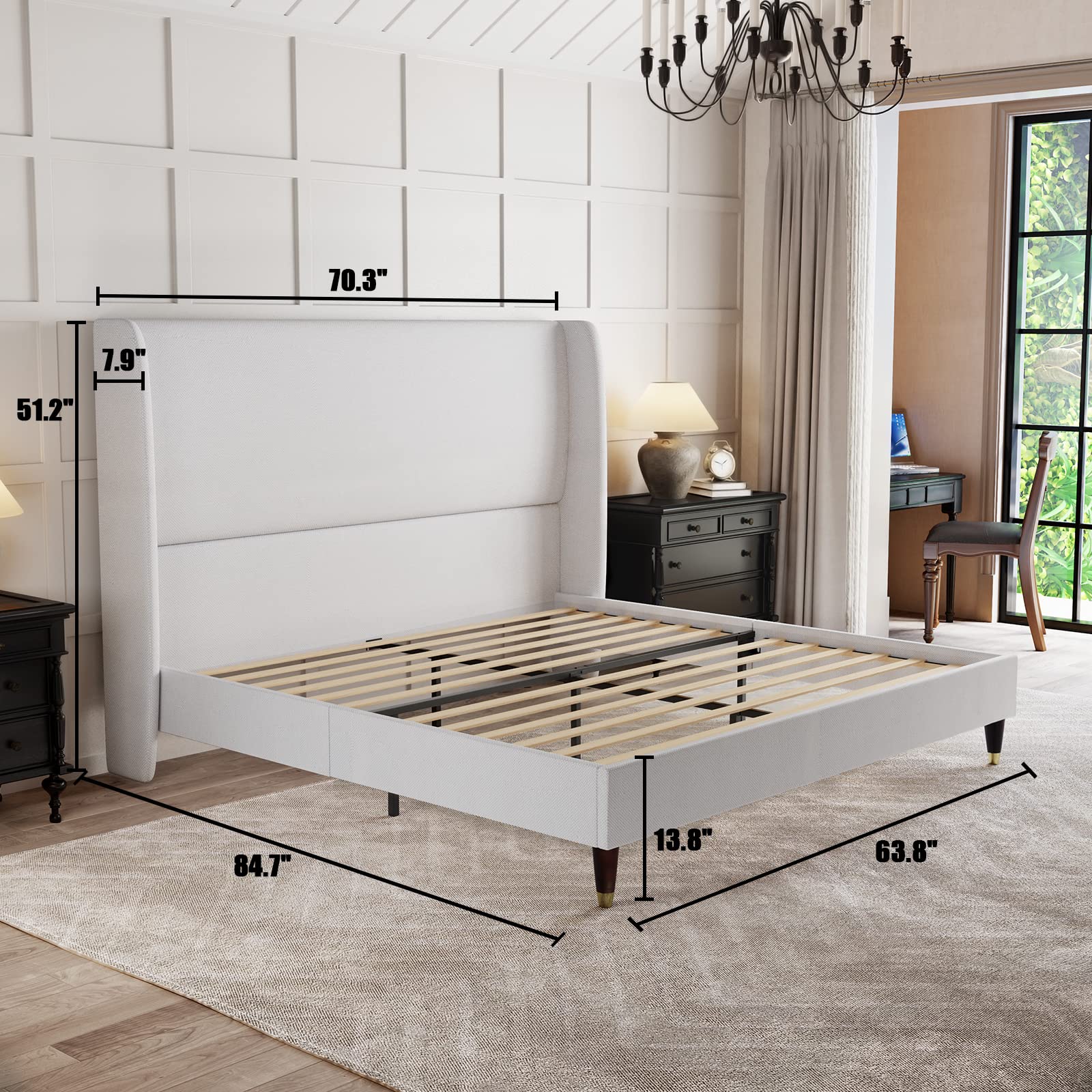 PaPaJet Full Platform Bed Frame 51.2" High Headboard Tall Upholstered Bed/No Box Spring Required/Wood Slat Support/Easy Assembly White