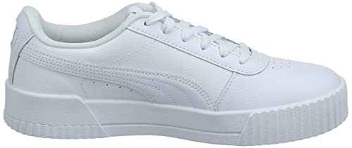 PUMA Womens Carina Leather Sneaker, PUMA Womens White-PUMA Womens White-PUMA Womens Silver, 6.5