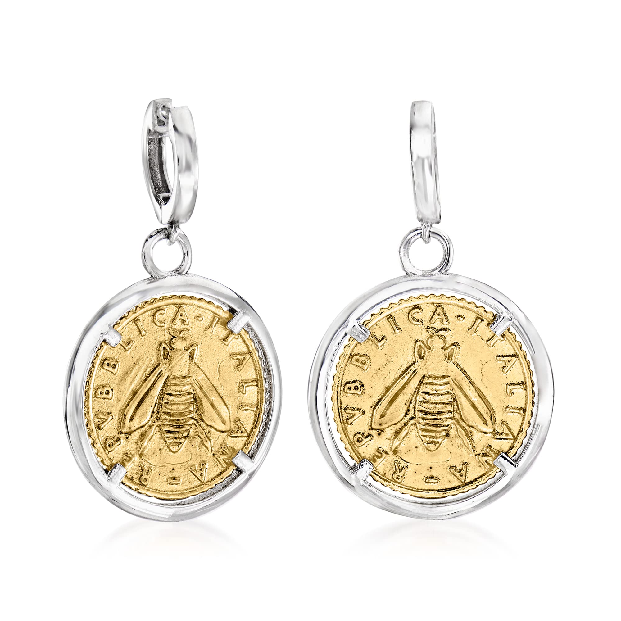 Ross-Simons Italian Replica Lira Bee Coin Drop Earrings in Sterling Silver and 18kt Gold Over Sterling