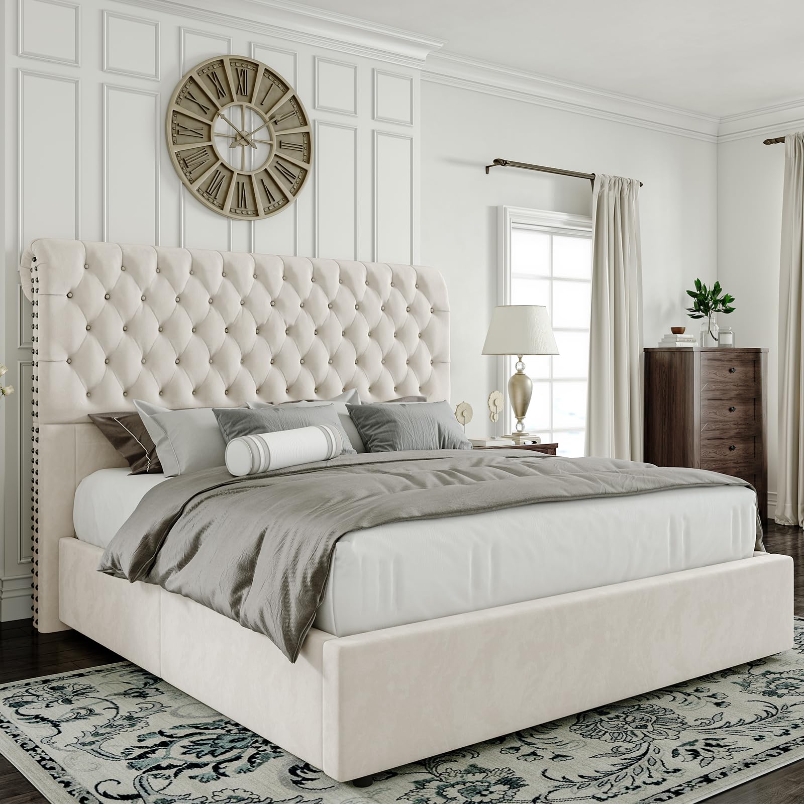 PaPaJet Lift Up Storage Bed King Size Bed Frame with Headboard Upholsterd Sleigh Bed Storage Underneath/No Box Spring Needed/Easy Assembly/Cream