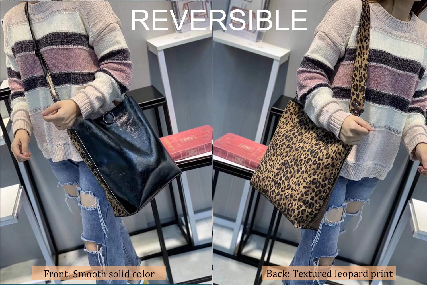 Segater® Women Leopard Print Bag Reversible Leather Tote Bag Oversized Top Handle Large Shoulder Handbag Purse 2 Pcs Red