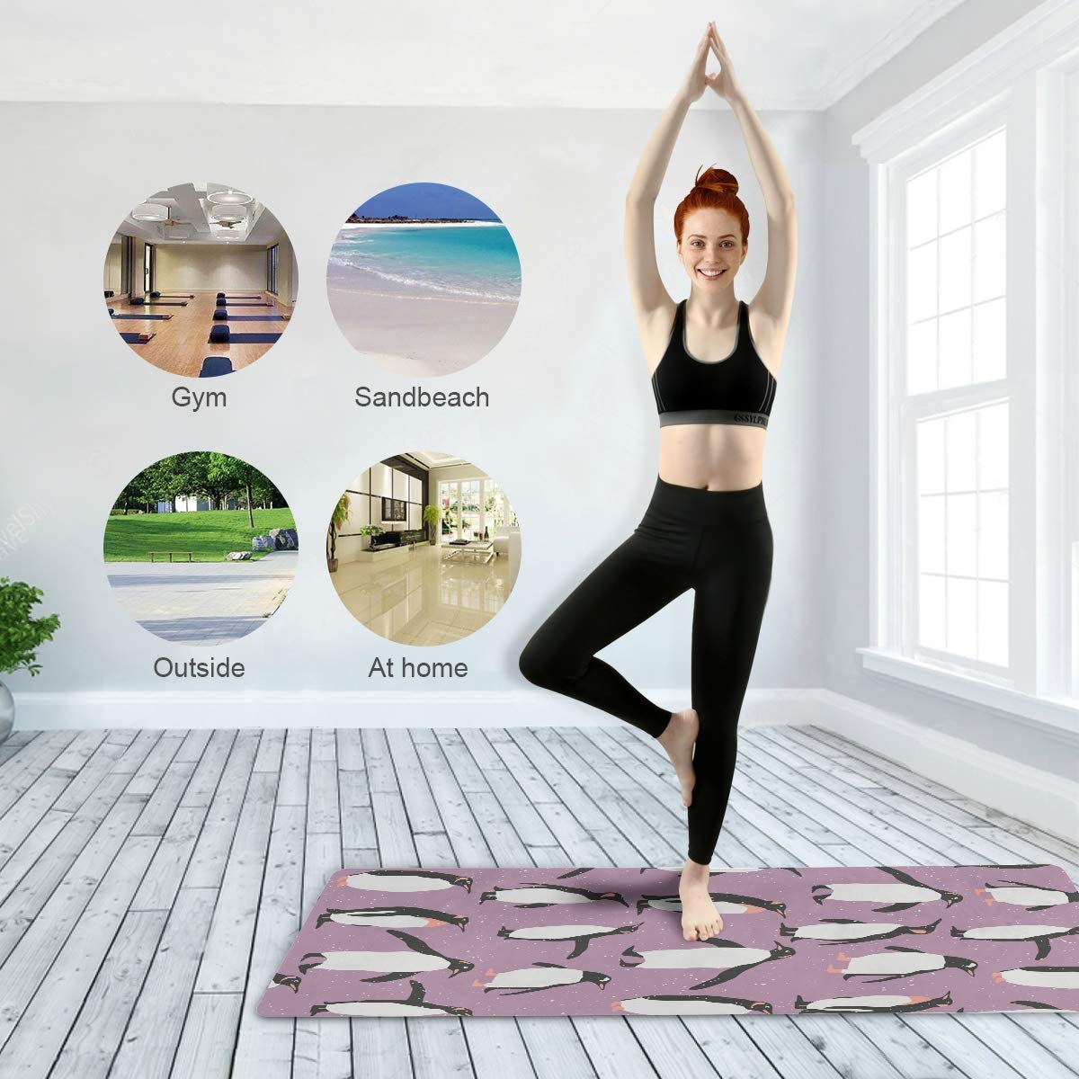 Qilmy Purple Penguin Yoga Mat Non Slip - Extra Long Thin Exercise Mats - 1 mm Thick High Density Padding Mat for Men & Women Stretching & Toning Workouts