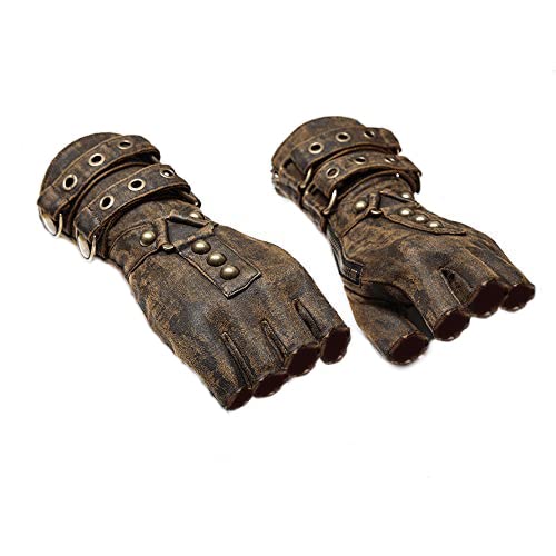 Punk Rave Coffee Grey Steampunk Gothic Leather Fingerless Gloves for Men, Gray, S-L