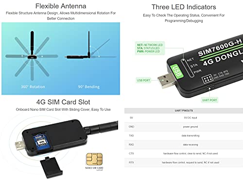 SIM7600G-H 4G DONGLE with Antenna,USB/UART Communication,Support 2G/3G/4G Connectiona GNSS Positioning up to 150Mbps Downlink for Raspberry Pi/Laptop/PC/Drone/Industrial Computer