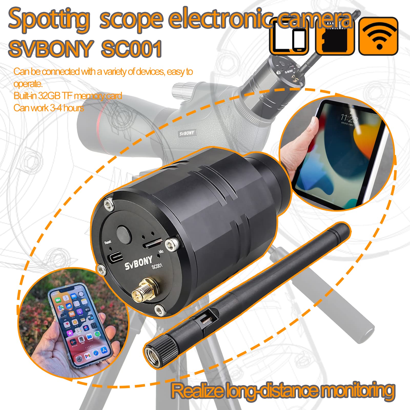 SVBONY SC001 WIFI Spotting Scope Camera Bundle with SV406P Dual Focus Spotting Scope for Birding Capture Photos and Video