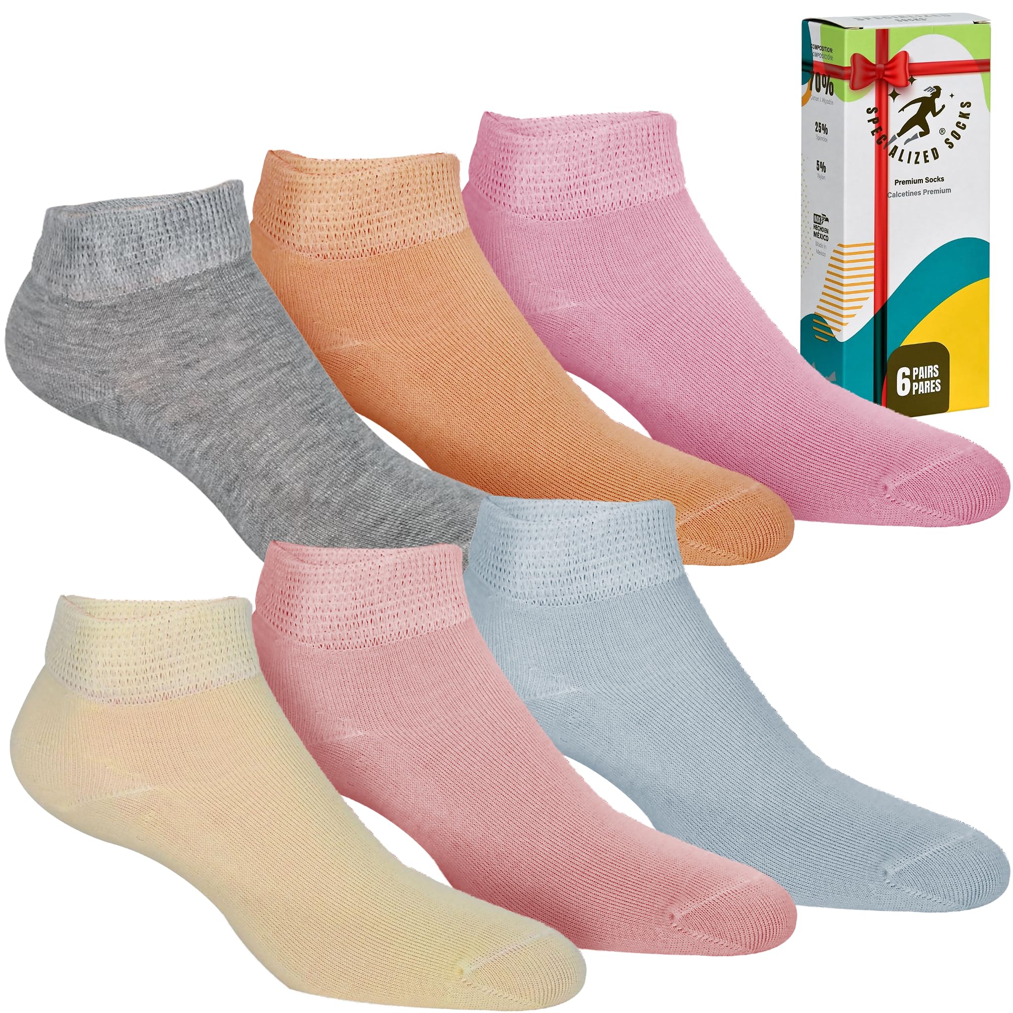 Thin Diabetic Socks for Women - Neuropathy, Non-Binding, Seamless Cotton Socks for Comfort, Style, and Health - 6 Pairs Low Cut, Size 9-11, Light Colors