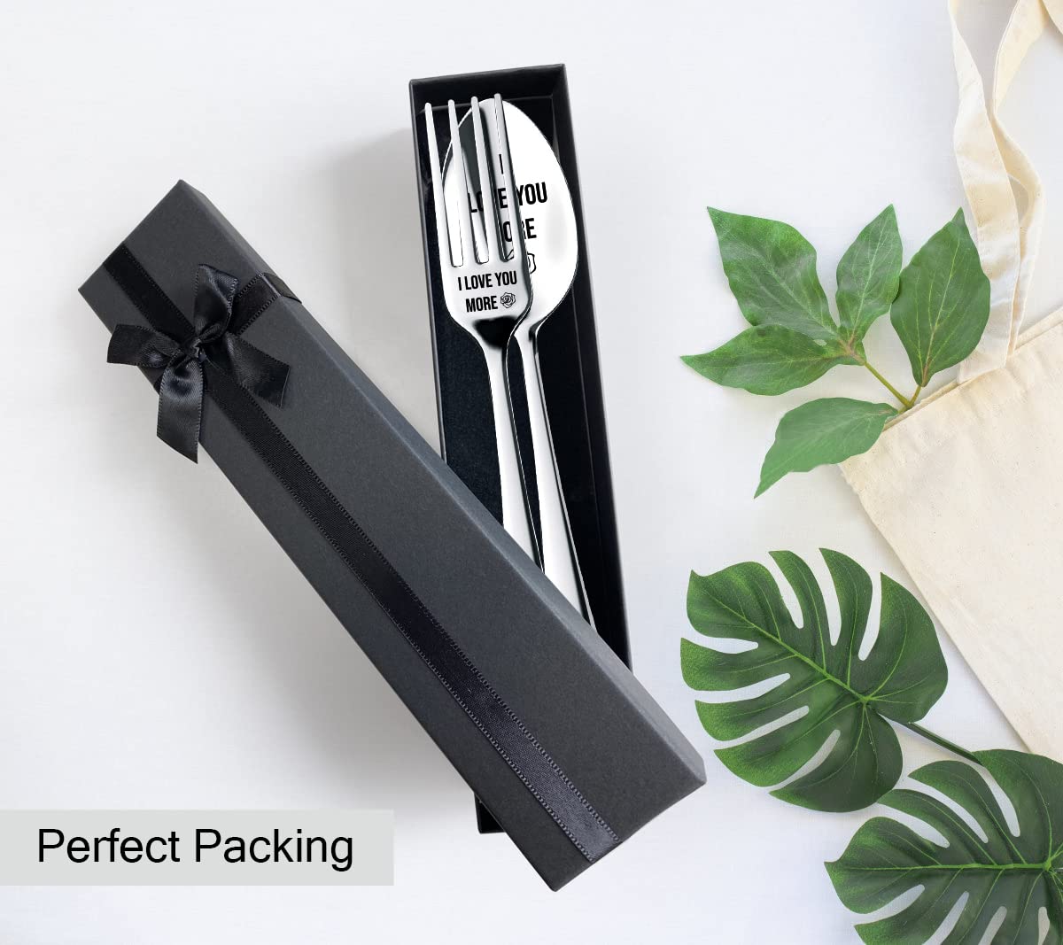 XIKAINUO 2 Pieces I Love You More Engraved Stainless Spoon and Fork, Funny Long Handle Dinner Fork Coffee Spoop with Gift Box, Birthday Valentine Couple Anniversary Spoon Gifts