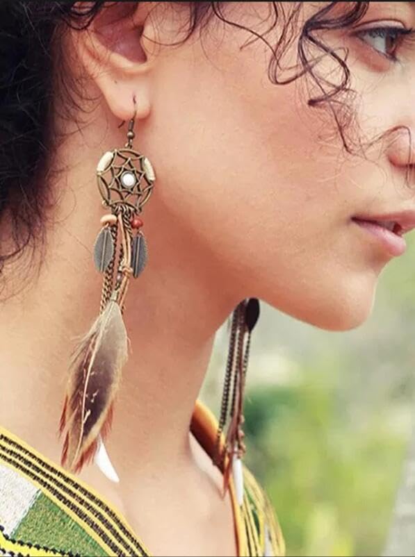 Punk Vintage Long Tassel Feather Beads Drop Wolf Tooth Pendant Earring Fish Hook Earrings (Brown A)