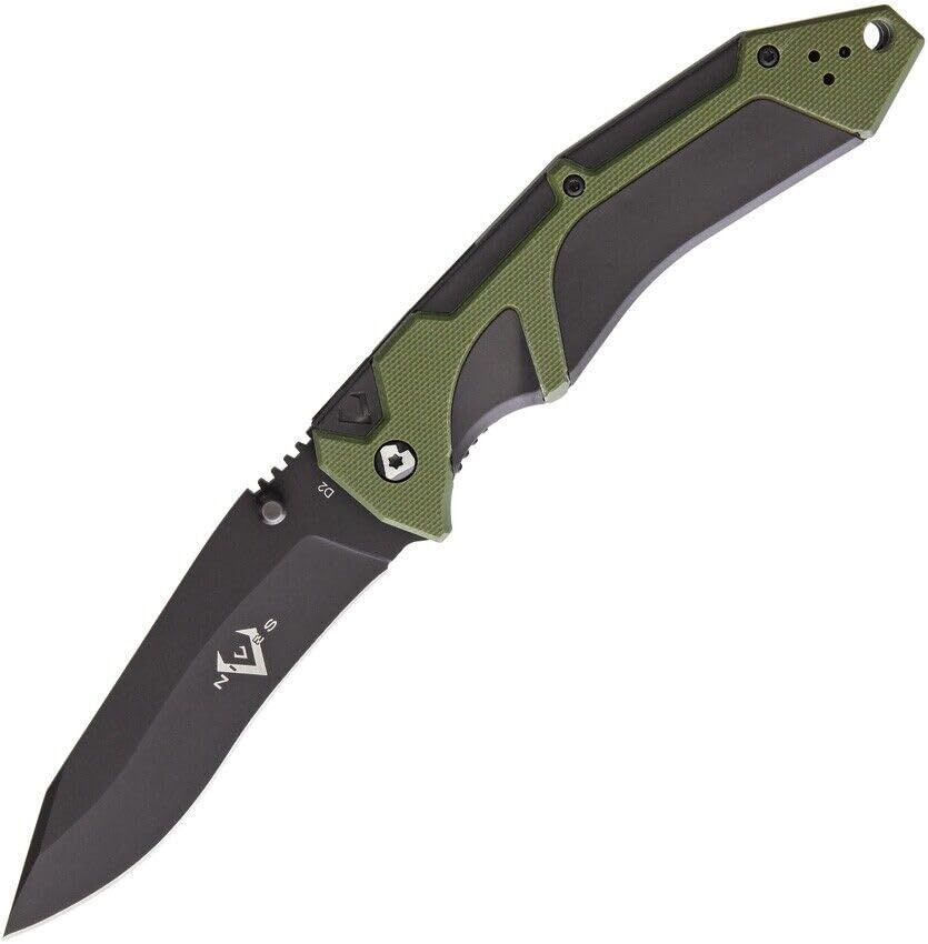 PIÑATAS OLE Fractal Assisted A/O Green G10 Folding Black D2 Steel Pocket Knife 30176
