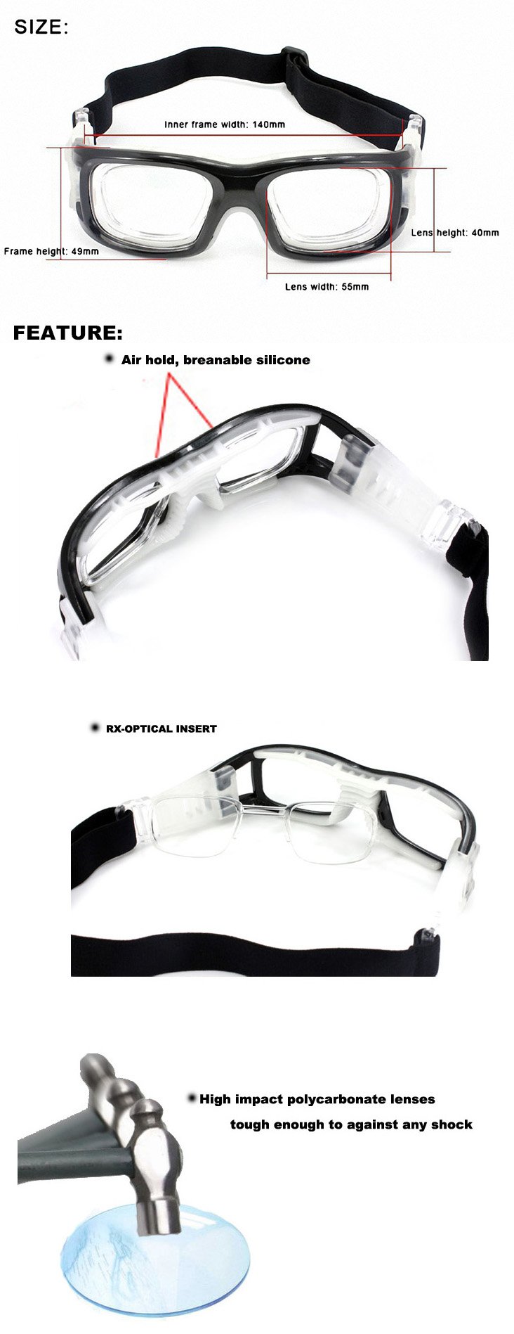 Ray Ron Eyewear for Basketball Glasses Sport Goggles Safety Glasses Adult Hard Frame Protective Transparent & Blue