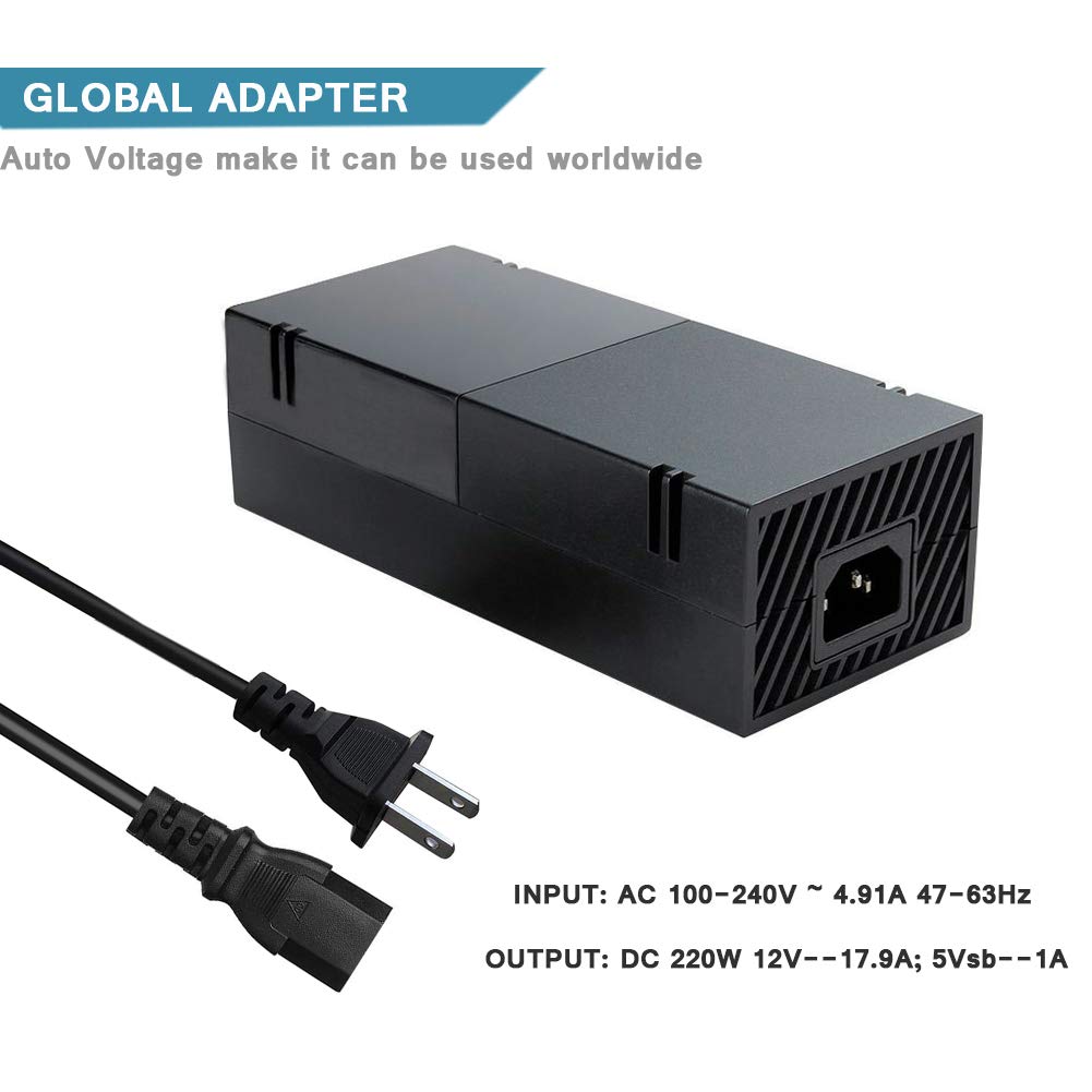 Power Supply Brick for Xbox One, [Quiet Version] AC Adapter Power Supply Cord Replacement for Xbox One Console 100-240V Charger Accessory Kit with Cable (Black)