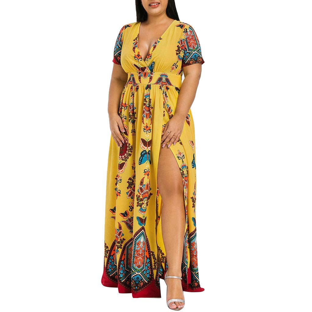 Women Plus Size Long Dress Deep V-Neck Short Sleeve Butterfly Printing Maxi High Waisted Pleated Split Dress