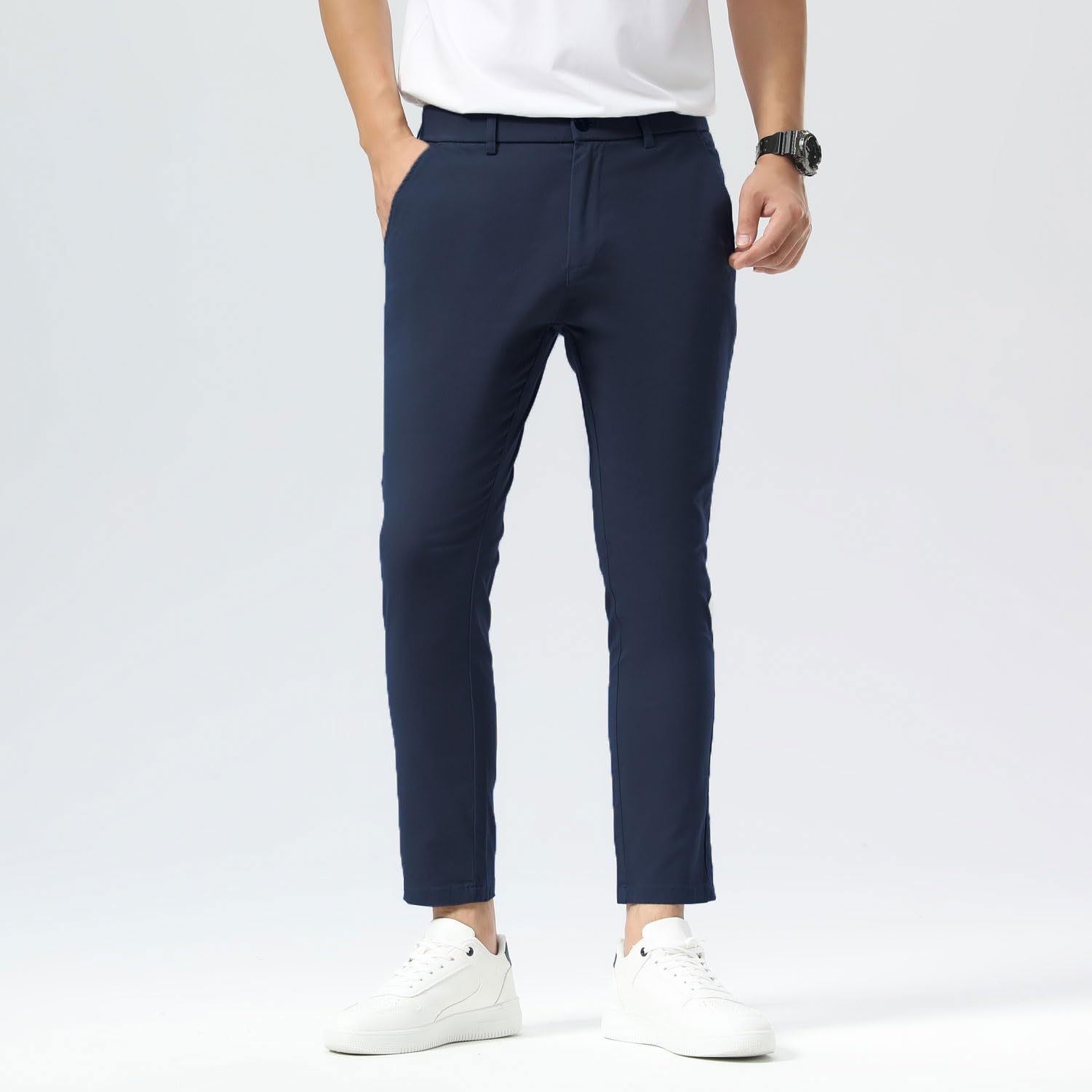 Plaid&Plain Men's Slim Fit Khaki Pants Stretch Cropped Chino Skinny Pants 130201 Navy Blue 32