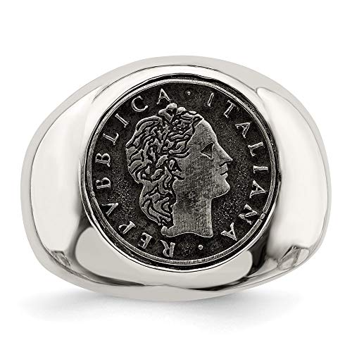 Sterling Silver Polished with Antiqued Replica 50 Lire Italian Coin Ring style QR6832-10