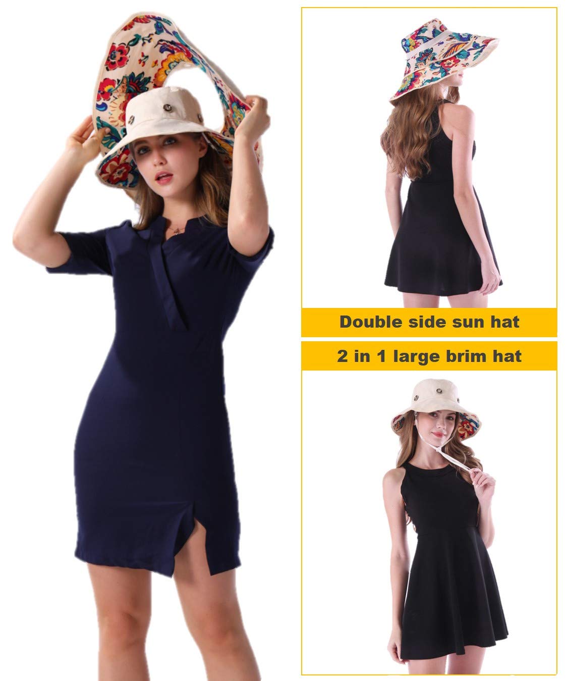 Packable Extra Large Brim Floppy Sun Hat Reversible UPF 50+ Beach Sun Bucket Hat Beige