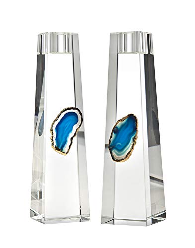 Philip Whitney Large Blue Agate and Gold Candle Holder Home Décor – 7.5 Inches Tall – Set of 2