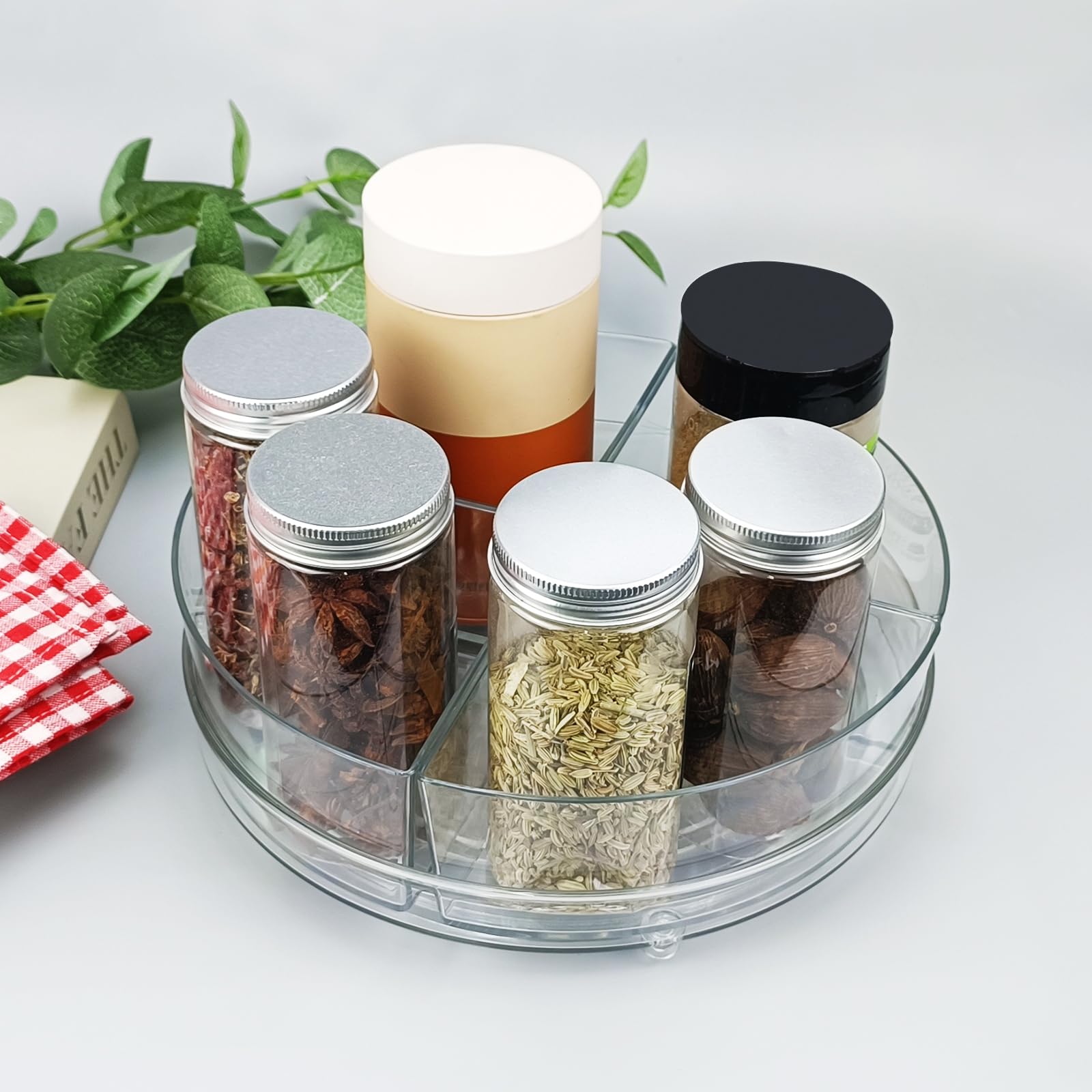 POUYRBA Lazy Susan Organizer with 4 Removable Storage Bins, 9.25Inch Round Plastic Clear Food Storage Container Fruit Snack Spice Can Cosmetics Turntable for Refrigerator Cabinet Pantry Kitchen