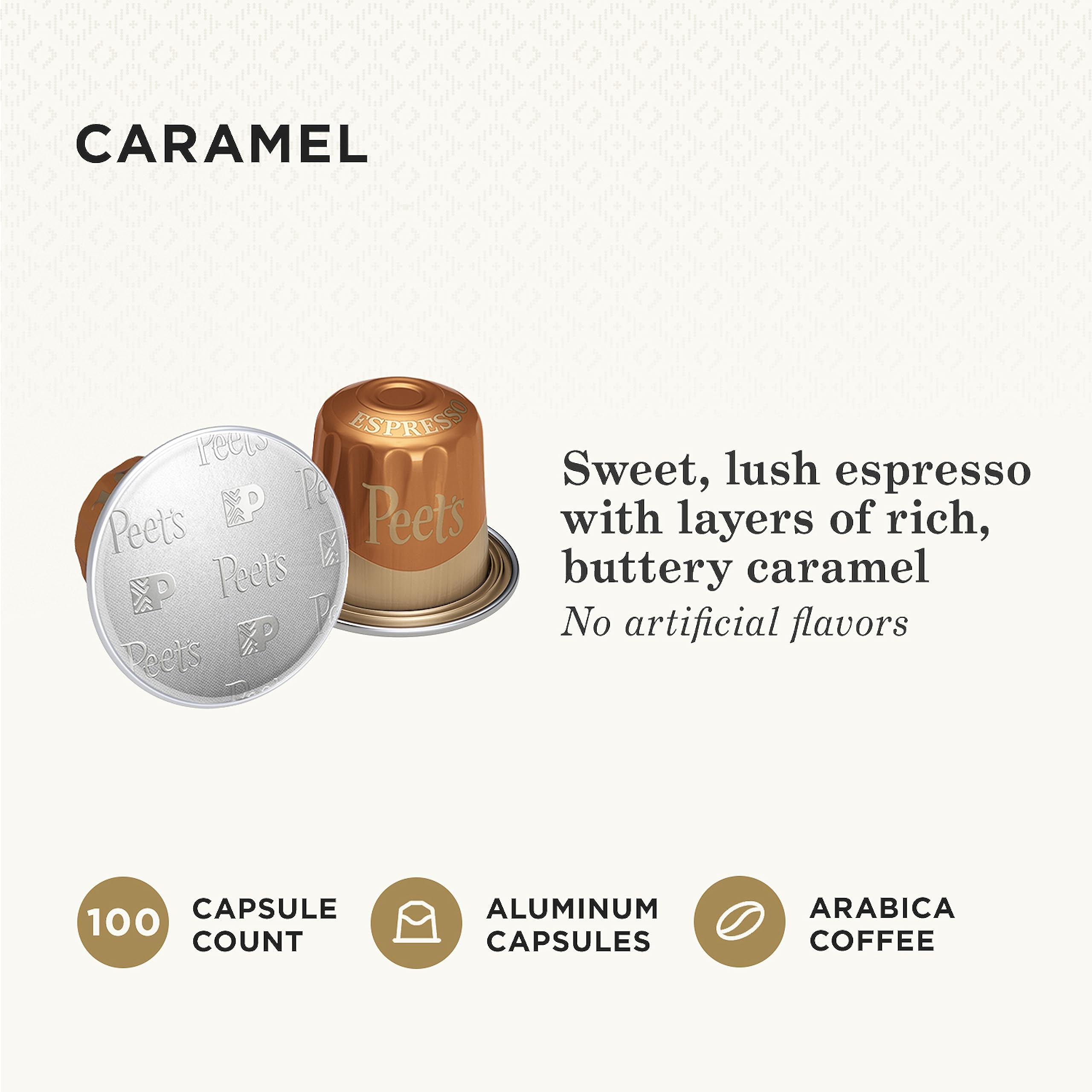 Peet's Coffee, Dark Roast Espresso Capsules, Caramel 100 Count (10 Boxes of 10 Espresso Pods)