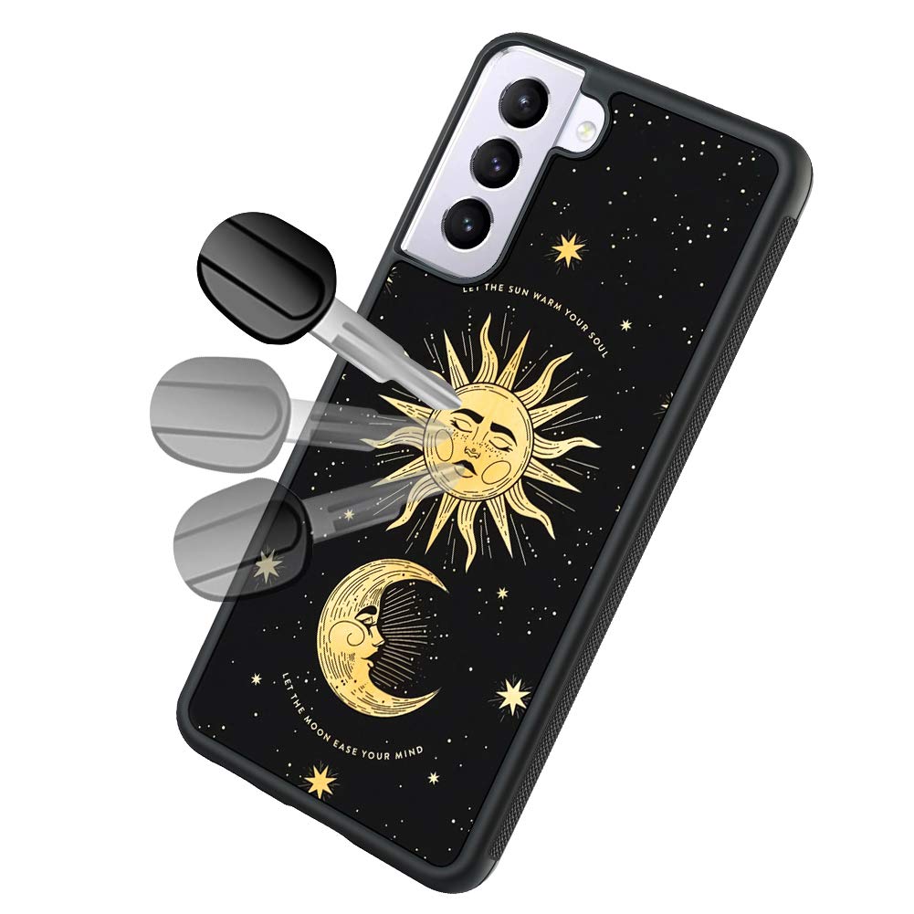 TEAUGHT Samsung Galaxy S21 5G Case (2021) 6.2 Inch Cute Moon Sun Star Universe Pattern Black Non-Slip Edge Hard PC Soft TPU Bumper Slim Shockproof Drop Protection