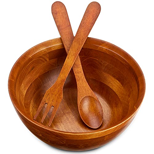 Wooden Salad Bowl Serving Set - Handcrafted Hardwood Bowl and Salad Fork / Spoon Serving Utensils - 11.5" Diameter x 6" Multipurpose for Prepping and Serving Salads, Use with Hot or Cold Food â 144 oz
