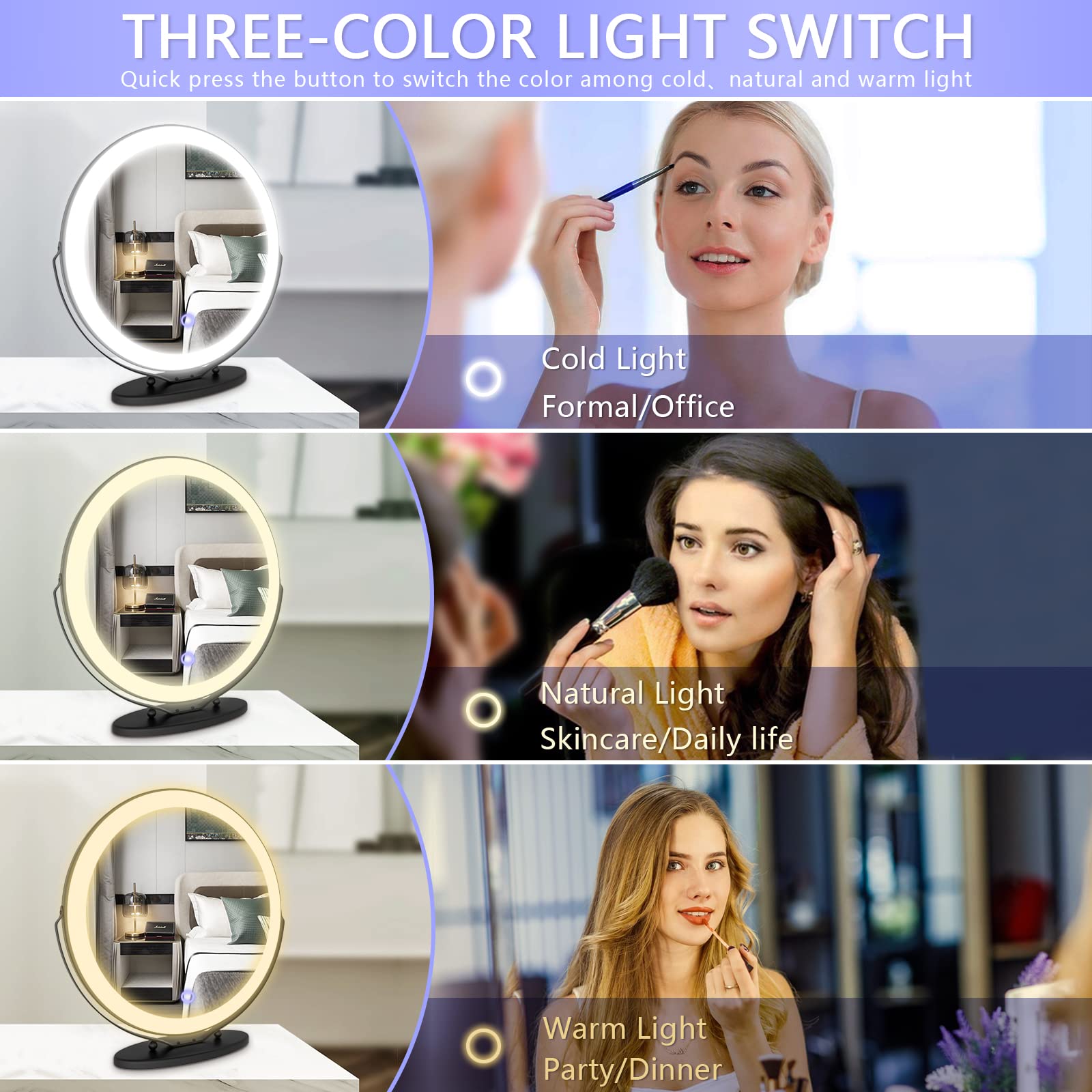 Vierose 20 inch Large Vanity Makeup Mirror with Lights, 3 Color Lighting Modes | Round Lighted Up Makeup Mirror with Dimming LED Halo for Dressing Room & Bedroom Tabletop, Touch Control (Black)