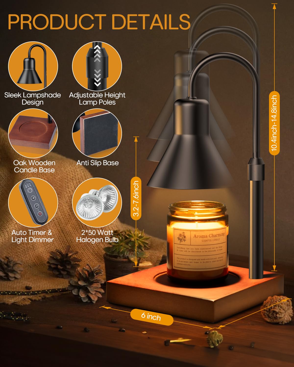PRIORARE Candle Warmer Lamp with 2 x 50W Bulbs, 4-Gear Dimmer Electric Candle Warmer Oak Base, 2H/4H/8H Timer Candle Lamp, Scented Jar Candles Heater