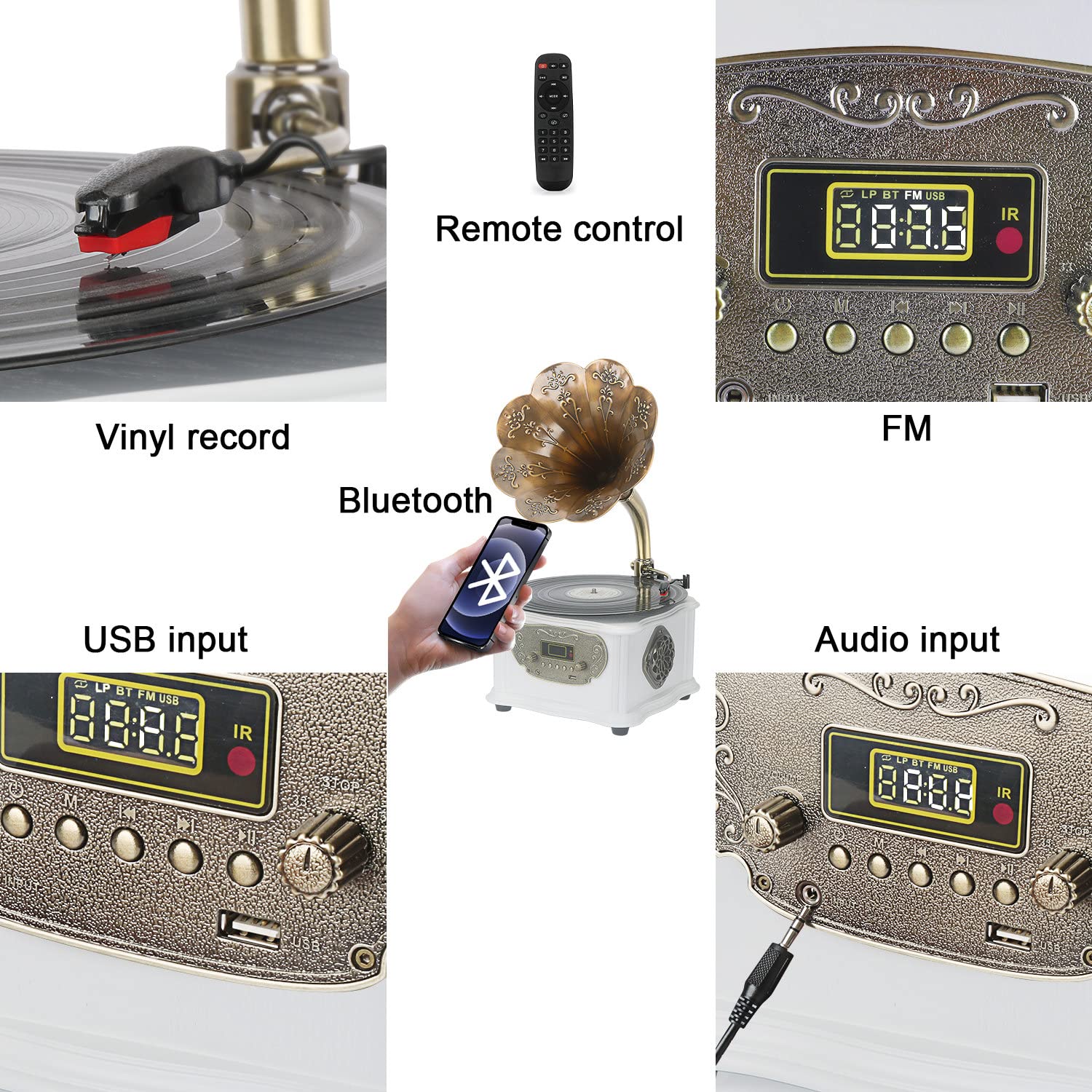 Phonograph Turntable Wireless Speaker, with Aux-in, FM Radio, USB Port for Flash Drive, Wooden Gramophone Vintage Retro Style (Wood)