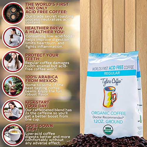 Tyler’s Acid Free Organic Ground Coffee - 100% Arabica Full Flavor - Neutral pH - Caffeinated No Bitter Aftertaste - Gentle on Digestion, Reduce Acid Reflux - Protect Teeth - For Acid Free Diets- Natural and Organic Blend for Common GI Issues 12 oz