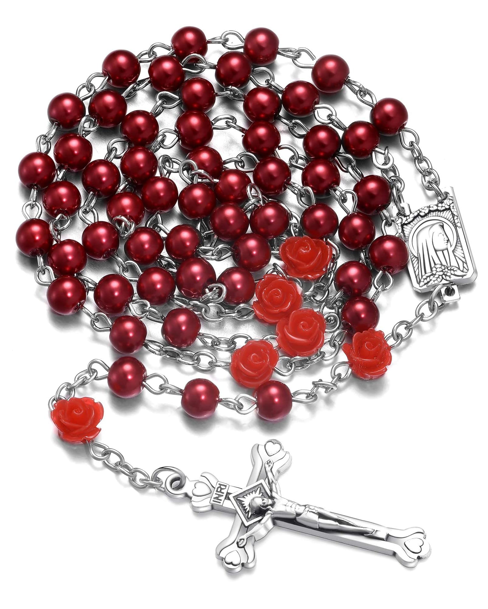 Pearl Rose Beads Rosary Catholic Necklace Holy Soil Medal Cross Crucifix-6 Packs