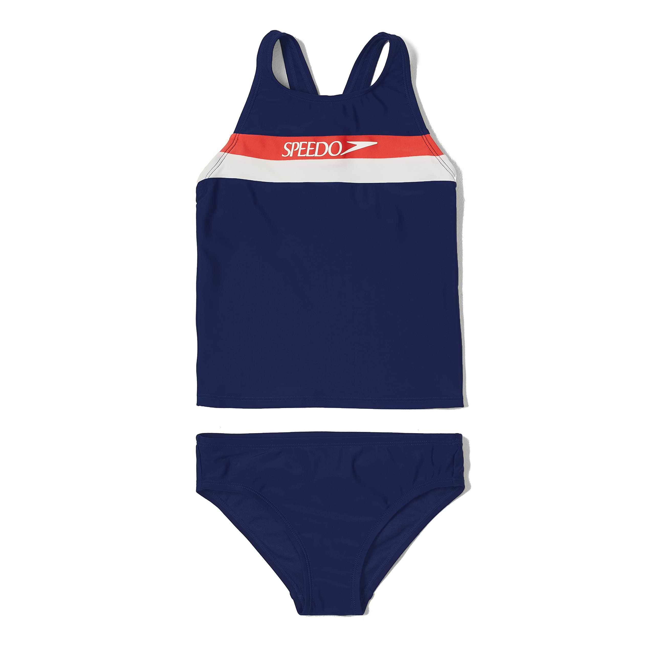 Speedo Girls' Standard Swimsuit Two Piece Tankini Thick Strap, Red/White/Blue, 14