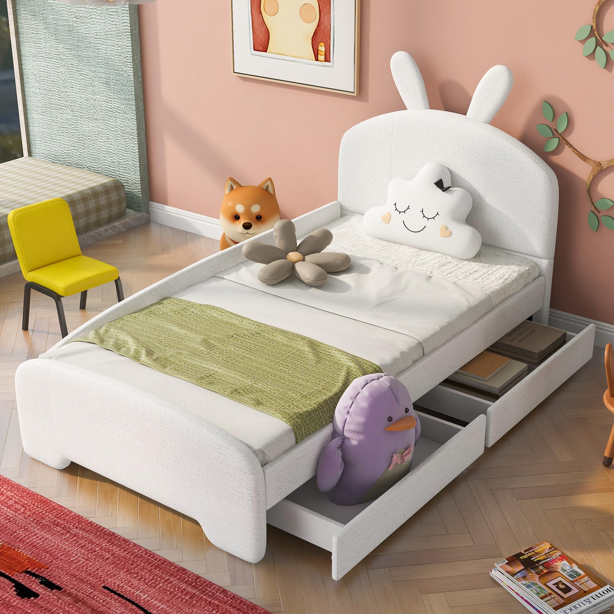 PRNDOLE Twin Size Upholstered Platform Bed Frame with 2 Drawers and Cartoon Ears Shaped Headboard for Kids,White