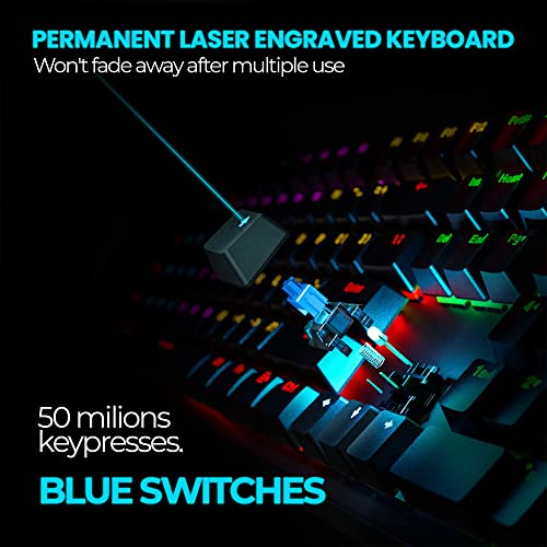 Real Mechanical Gaming Keyboard with 107 Clicky Optical switches- Programmable RGB LED Backlit, Laser Engraved Keys - Ergonomic Magnetic Leather Wrist Rest, Dedicated Media Keys for PC