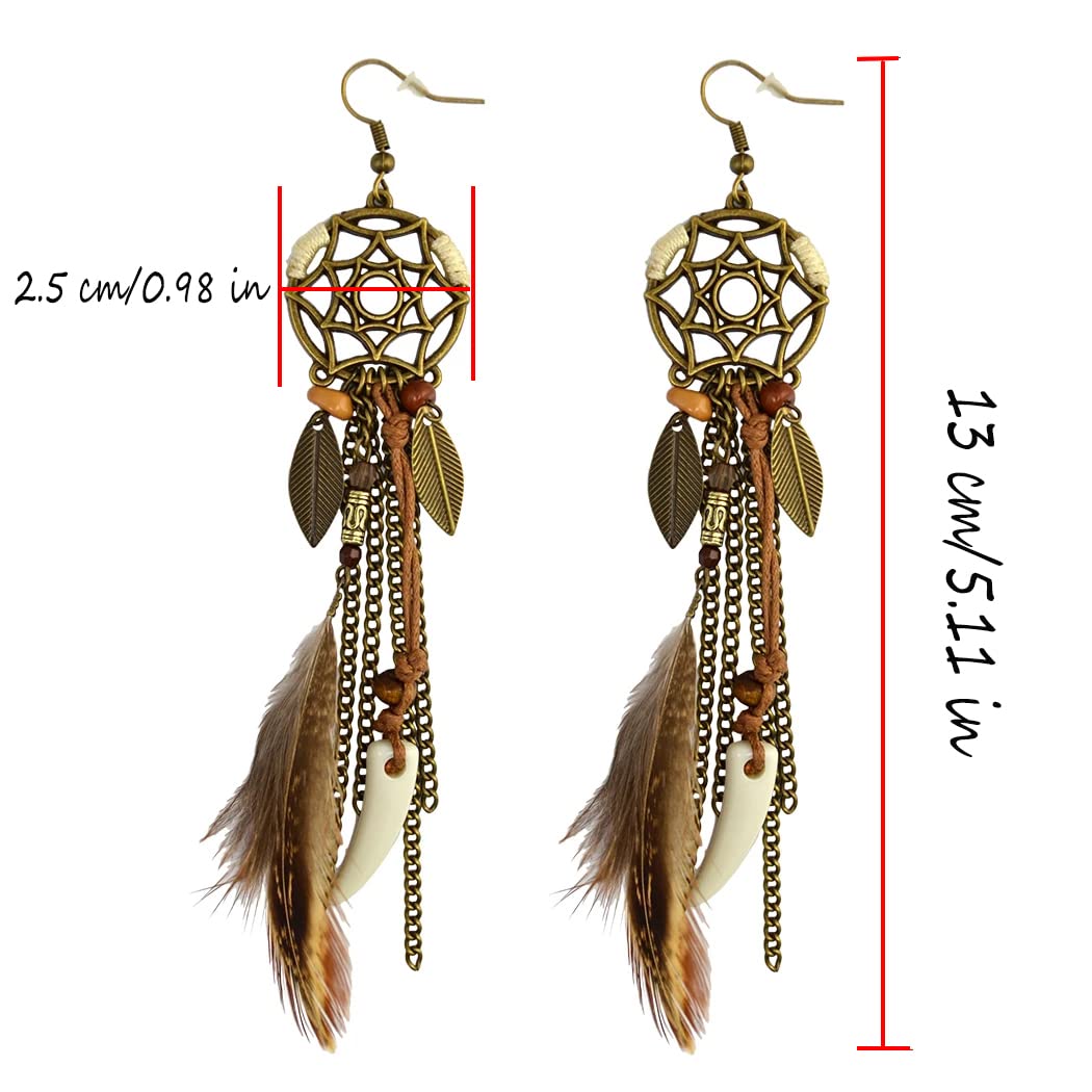 Punk Vintage Long Tassel Feather Beads Drop Wolf Tooth Pendant Earring Fish Hook Earrings (Brown A)