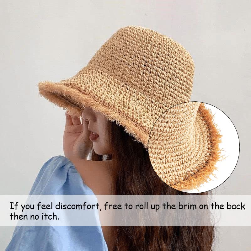 Womens Summer Frayed Straw Bucket-Sun-Hats Floppy Wide Brim Beach Straw Bucket Hat (Large/60cm) Khaki