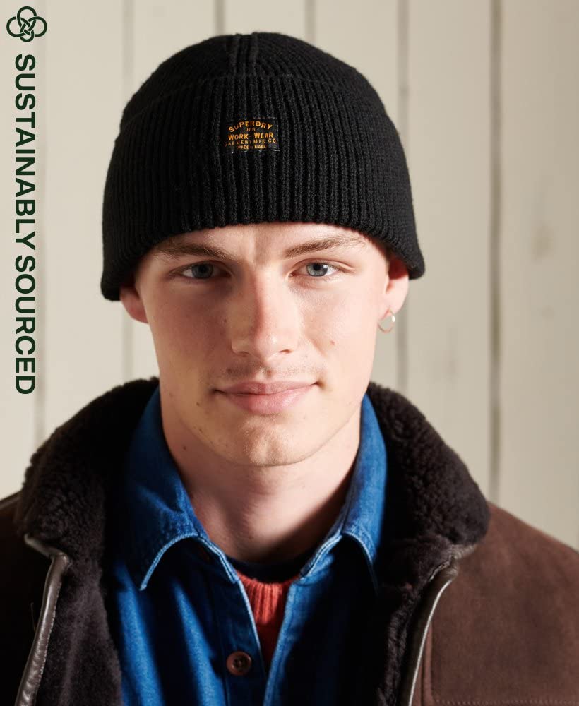 Superdry Mens Radar Beanie, Fold-Up Hem, Wool Blend Black Size One Size