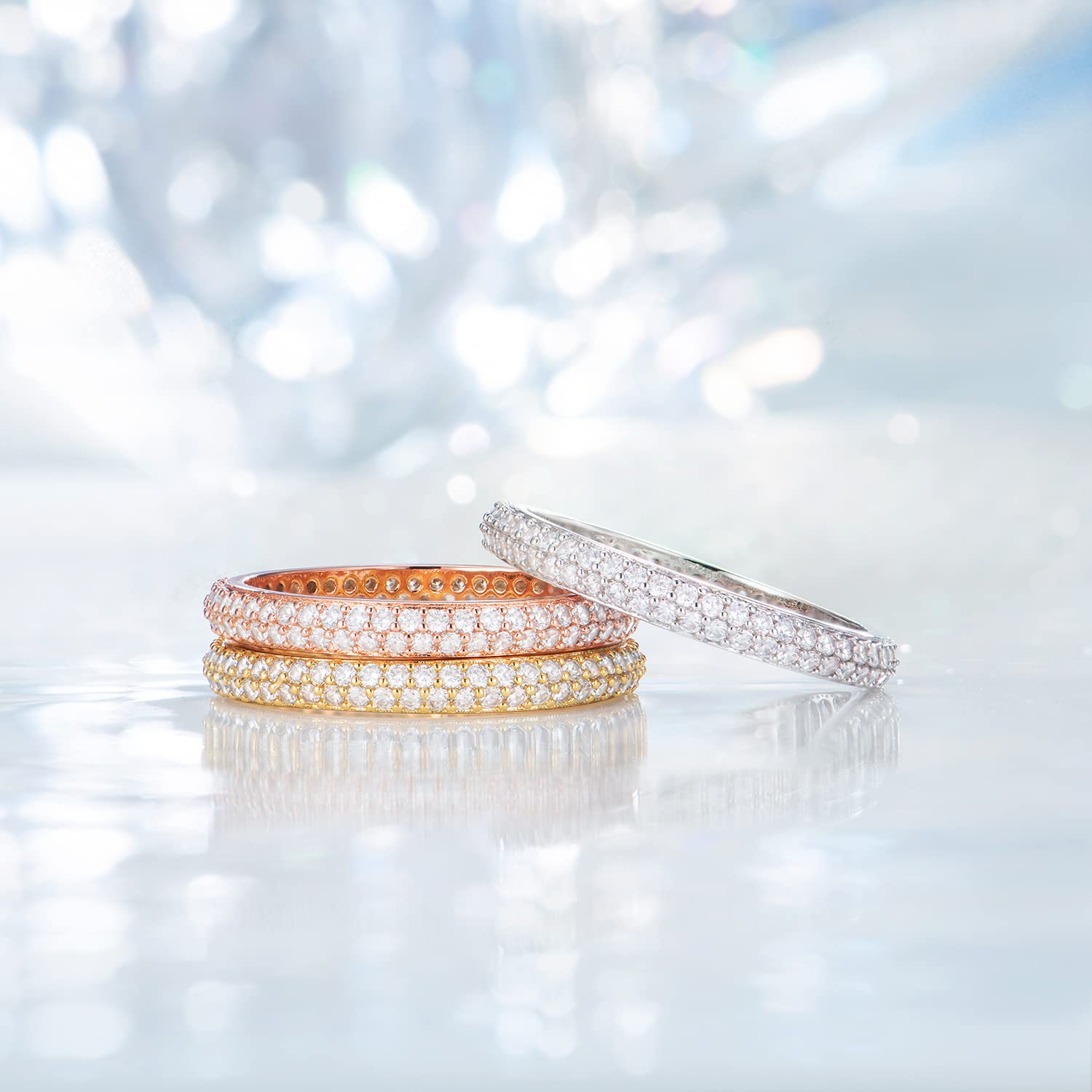 TIGRADE 3mm Women Anniversary Rings Double Row Cubic Zirconia Eternity Wedding Band Size 5 to 11,Silver,Size 7.5