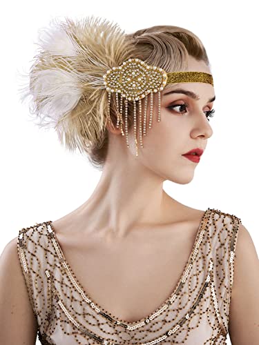 SWEETV Rhinestone Flapper Headband 1920s Headpiece, Great Gatsby Headpiece Flapper Hair Accessories for Women, Light Gold