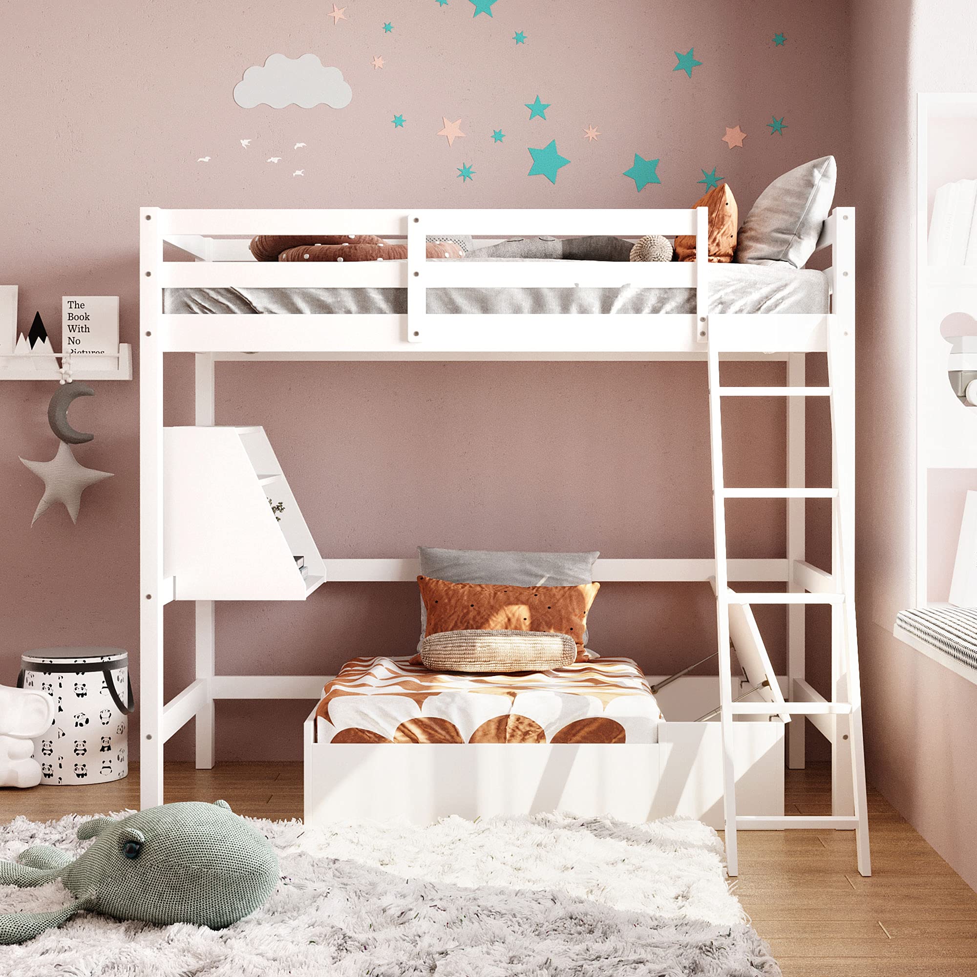 Twin Loft Bed with Storage Shelf Wood Loft Bed Frame with Convertible Lower Bed, Twin Size Loft Bed with Drawer and Ladder, Separated Loft Bed & Twin Platform Bed for Kids Teens Adults (White)