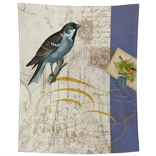 Plush Throw Blanket Vintage Birds Postage Stamp Soft Cozy Blanket Flannel Blankets All-Season for Sofa Couch Bed, 60" X 80"