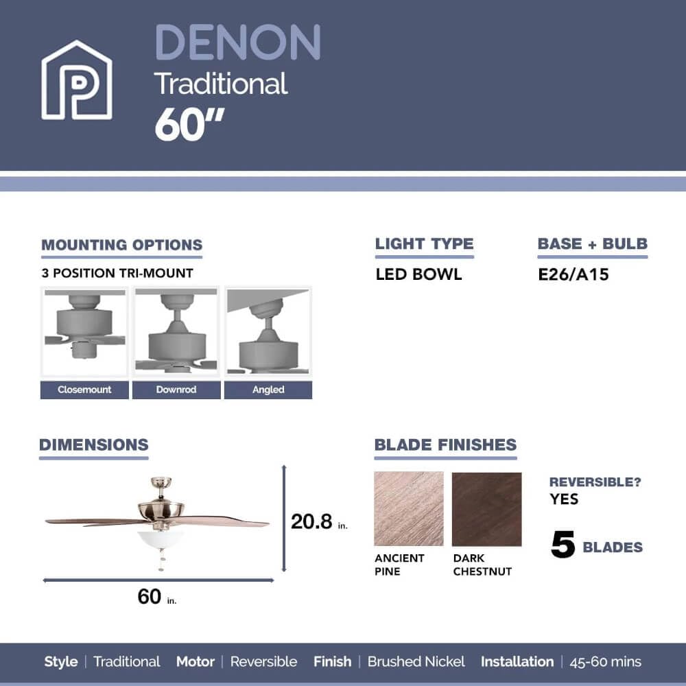 Prominence Home Denon, 60 Inch Traditional Indoor LED Ceiling Fan with Light, Pull Chain, Three Mounting Options, 5 Dual Finish Blades, Reversible Motor 51029-01 (Brushed Nickel)