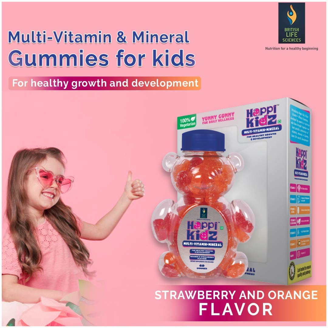 Organic Touch British Life Sciences Happi Kidz Multivitamin Gummies for Kids (60 Gummy Bears) with Vitamins and Minerals for Growth and Immunity, Orange & Strawberry Flavour