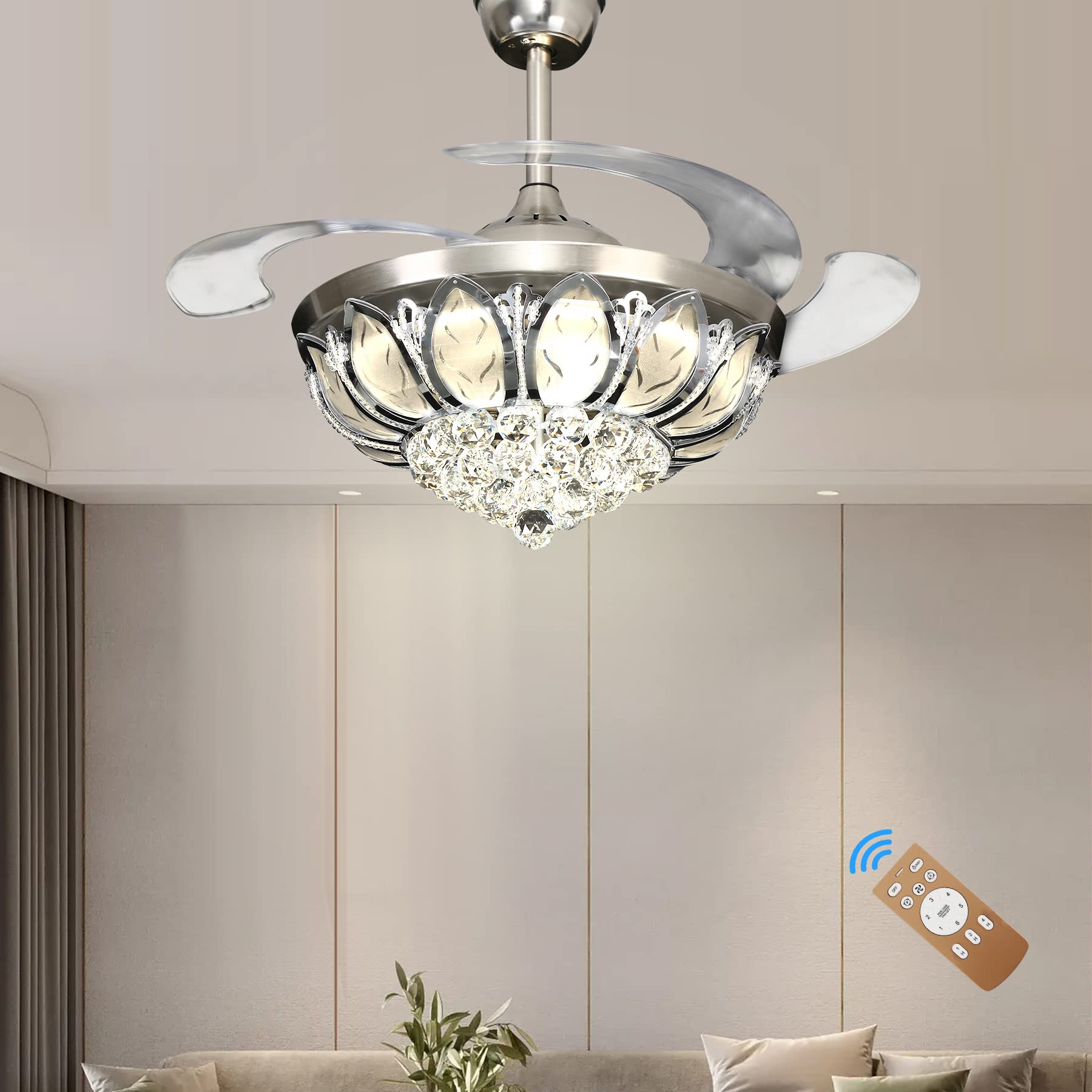 Ridgeyard 42" Crystal Ceiling Lamp Fan Light 3 Light Color LED Fan Chandelier Decorative Pendant Light with 4 Invisible Retractable Blades and Remote Control（Silver
