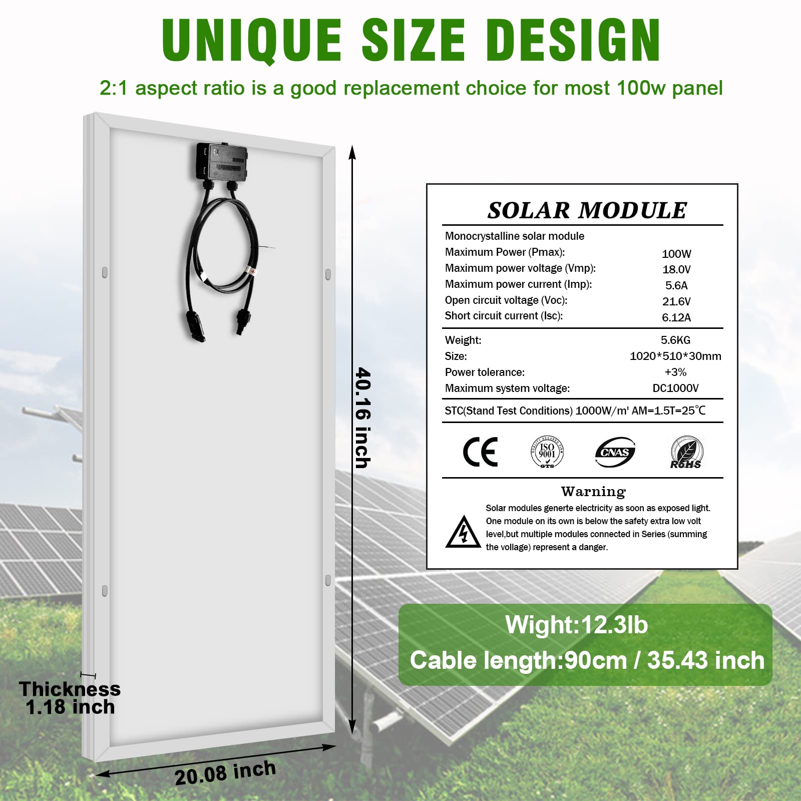 WERCHTAY Watt Solar Panel, Monocrystalline Cell High-Efficiency PV Module, 12V Solar Panels for Homes Camping RV Battery Boat Caravan and Other Off-Grid Applications (100W-2PCS)