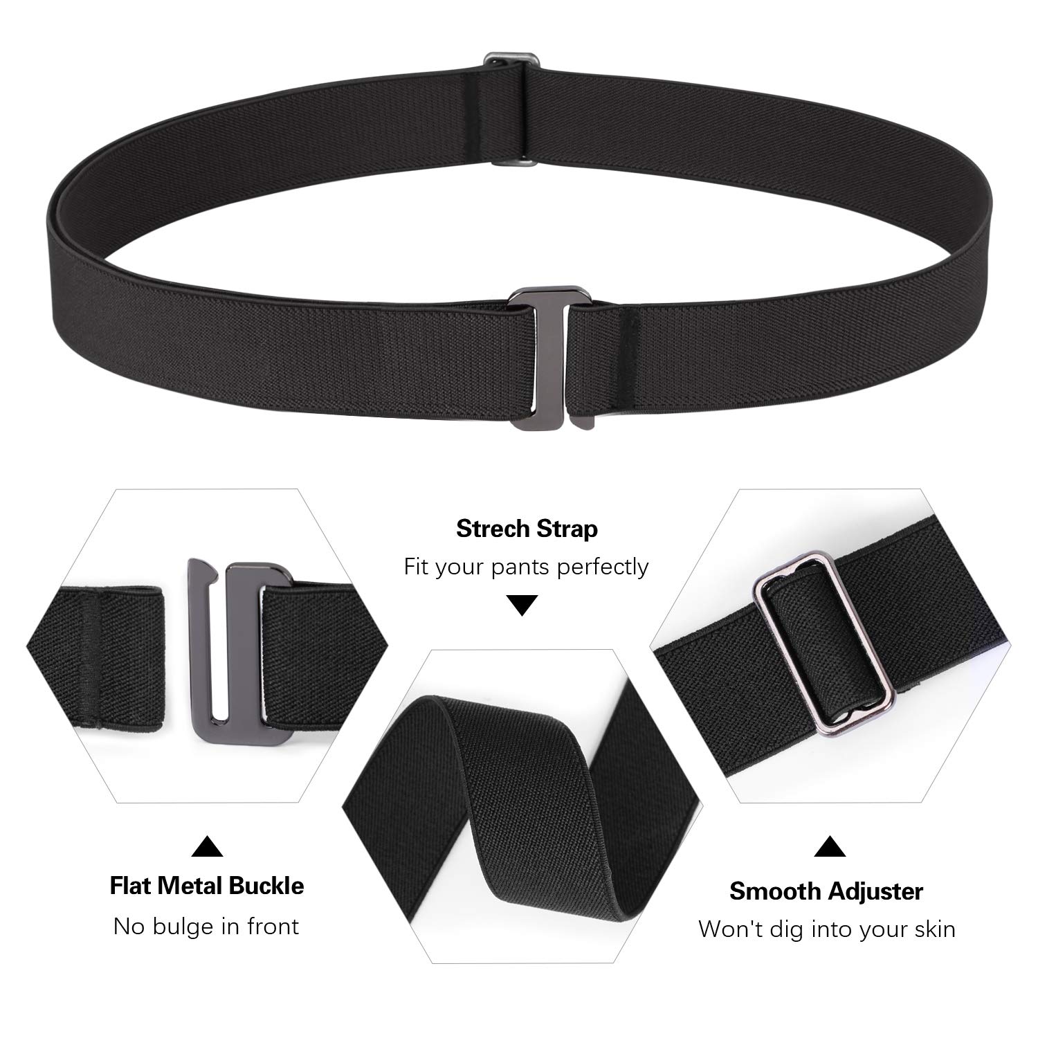 SANSTHS No Show Women Belts Invisible Elastic Stretch Belt with Flat Buckle for Jeans Pants Dresses, Black M